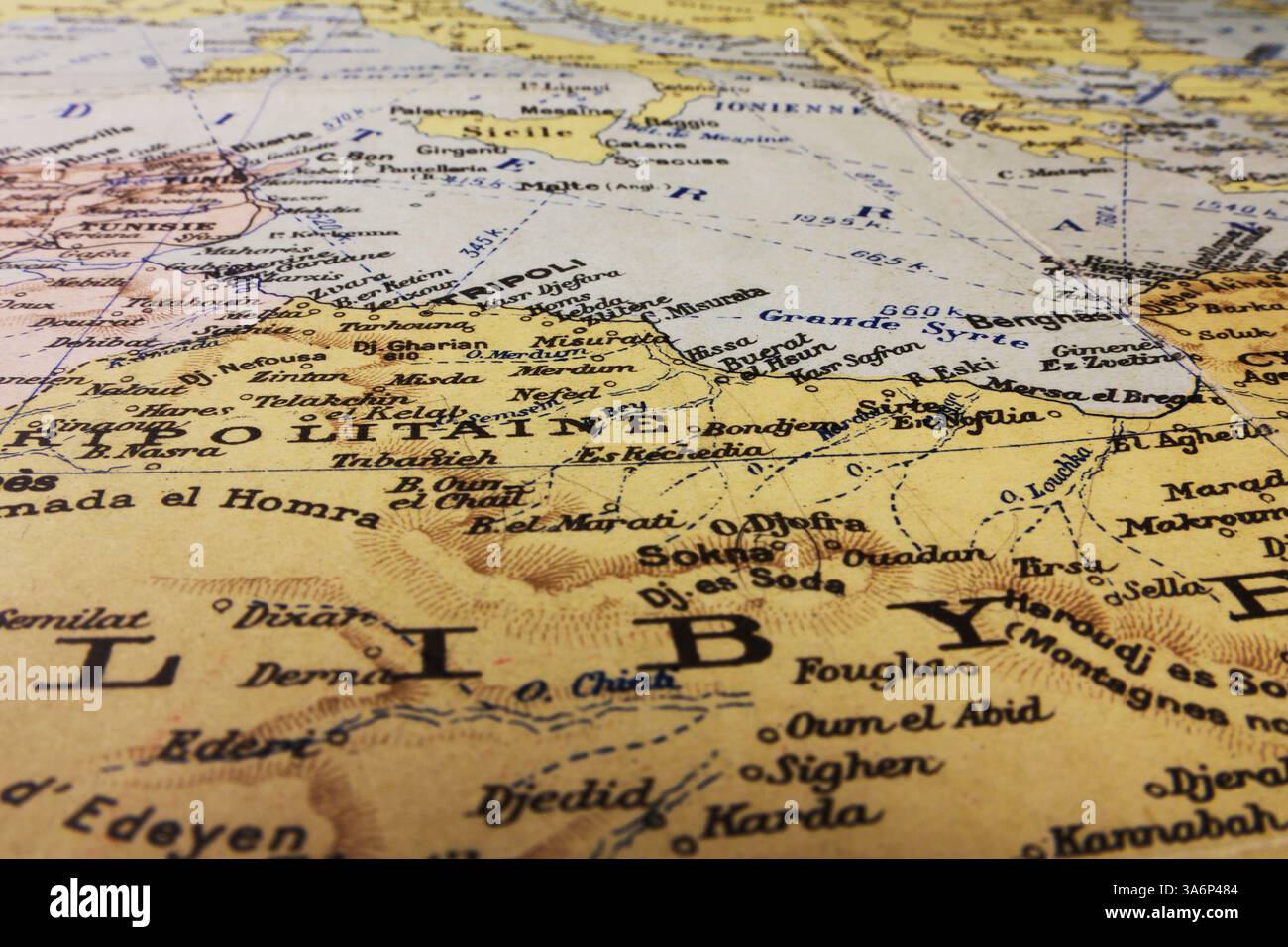 North Africa Libya old vintage paper map Tripoli Tunisia Mediterranean ...