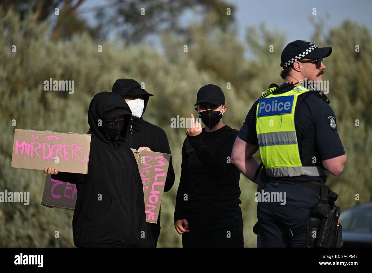 Avalon Airport, Geelong, Australia. 26th Mar, 2025. Anti war activists ...