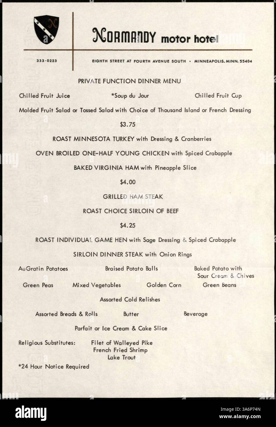 This single-sided dinner menu from the Normandy Motor Hotel is printed ...