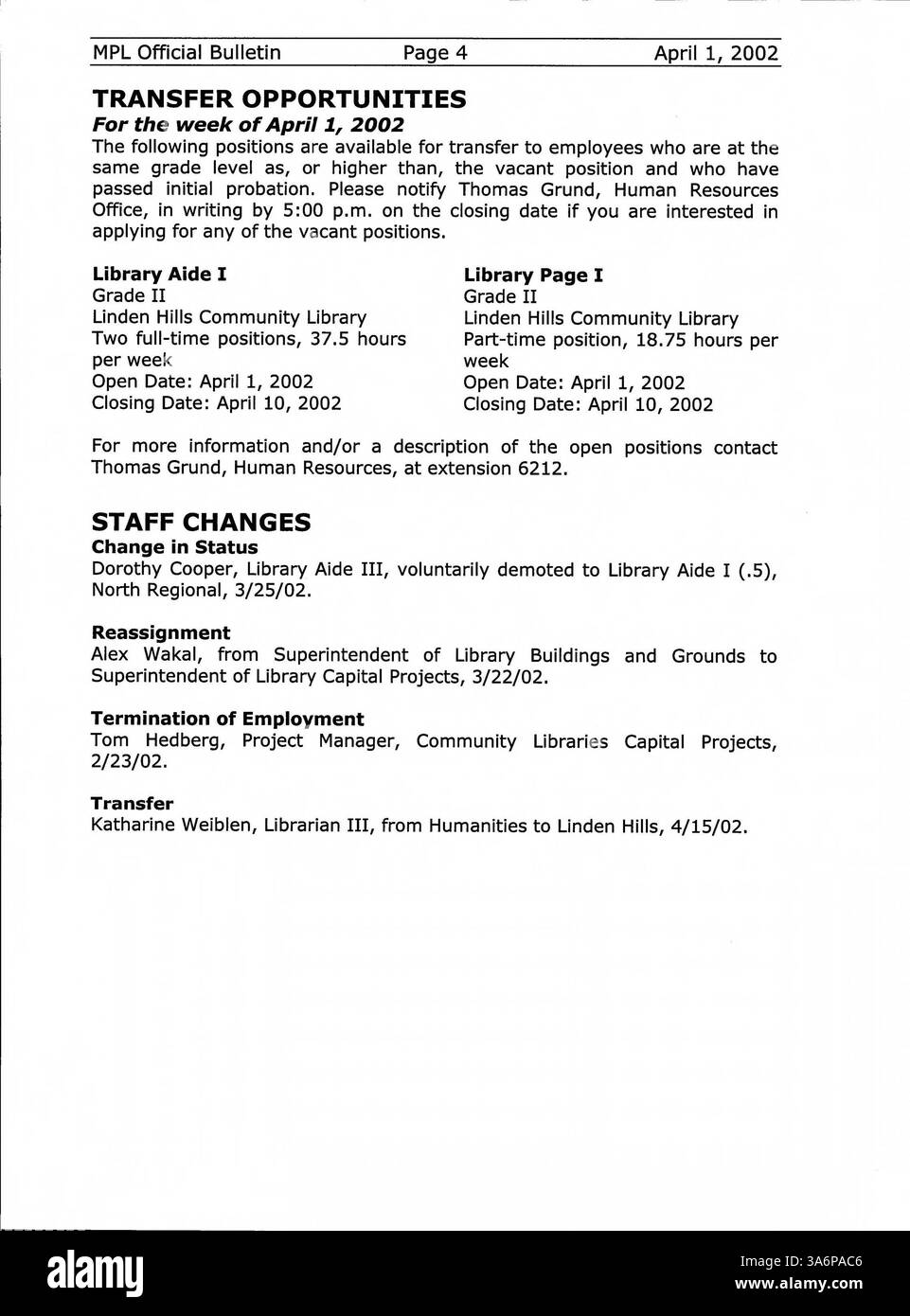 This 2002 weekly bulletin provided Minneapolis Public Library employees ...