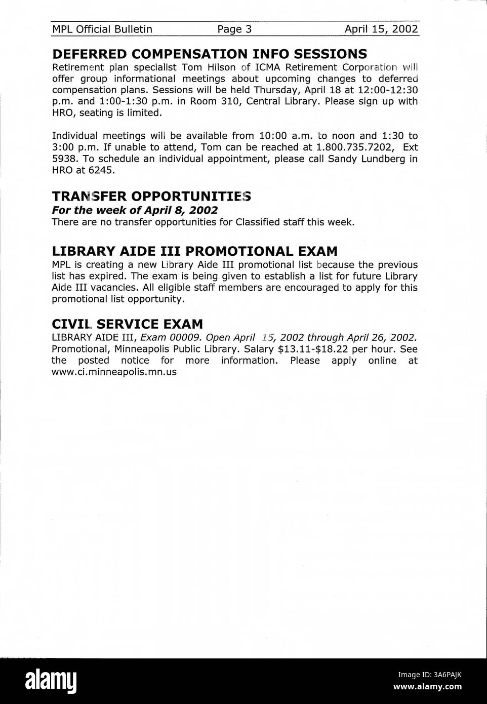 This bulletin from 2002 informed Minneapolis Public Library employees ...