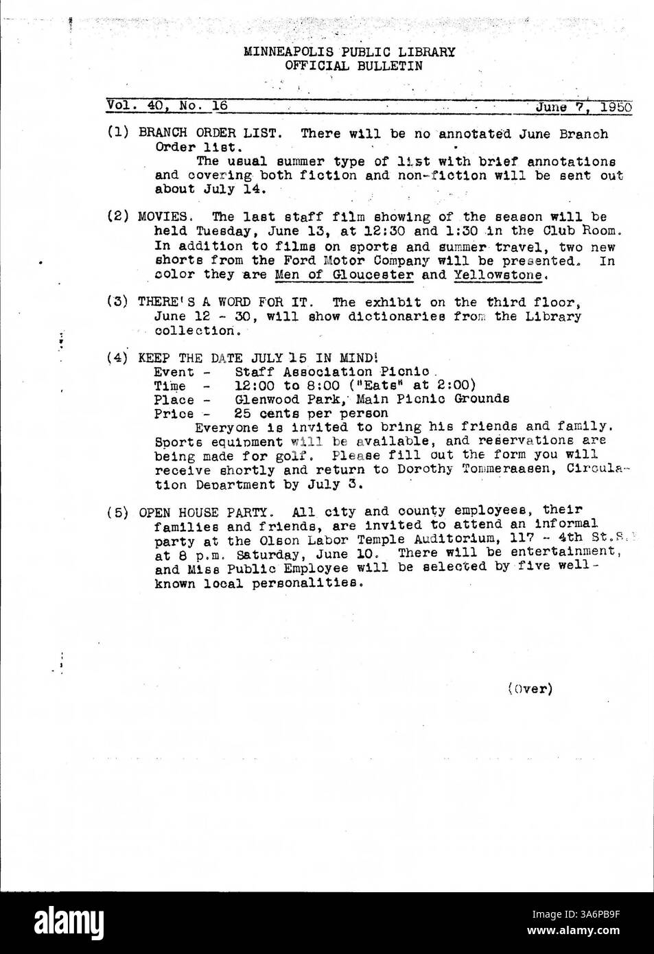 This 1950 Minneapolis Public Library Official Bulletin serves as a ...