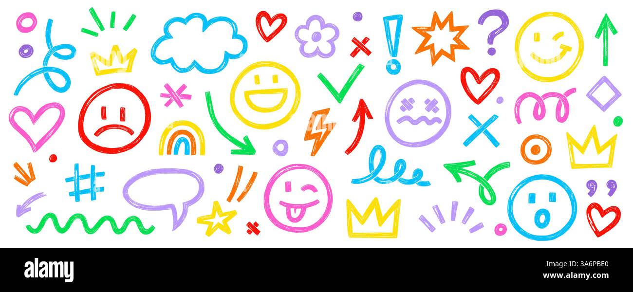 Smile brush hand drawn vector element set. Emoji fun face, heart, crown ...