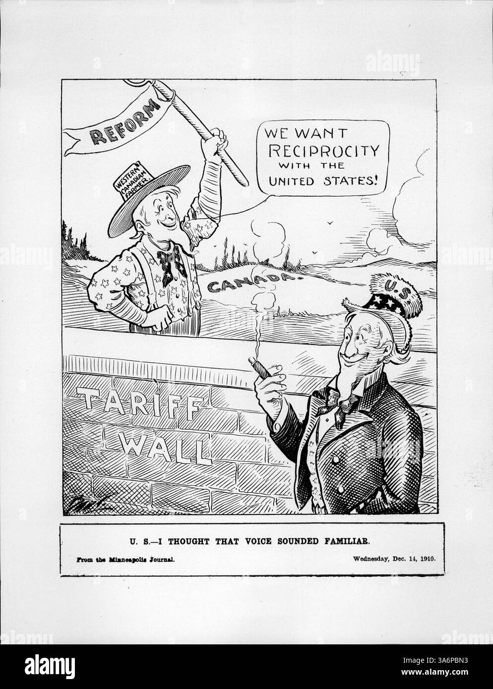 This political cartoon portrays uncle sam and a western canadian hi-res ...