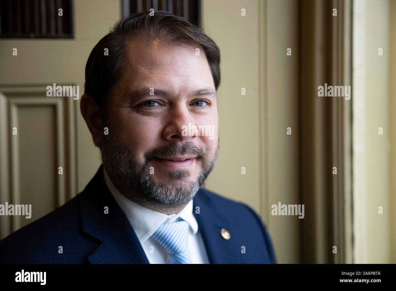 Sen. Ruben Gallego (D-Ariz.) stands for a portrait in his temporary ...