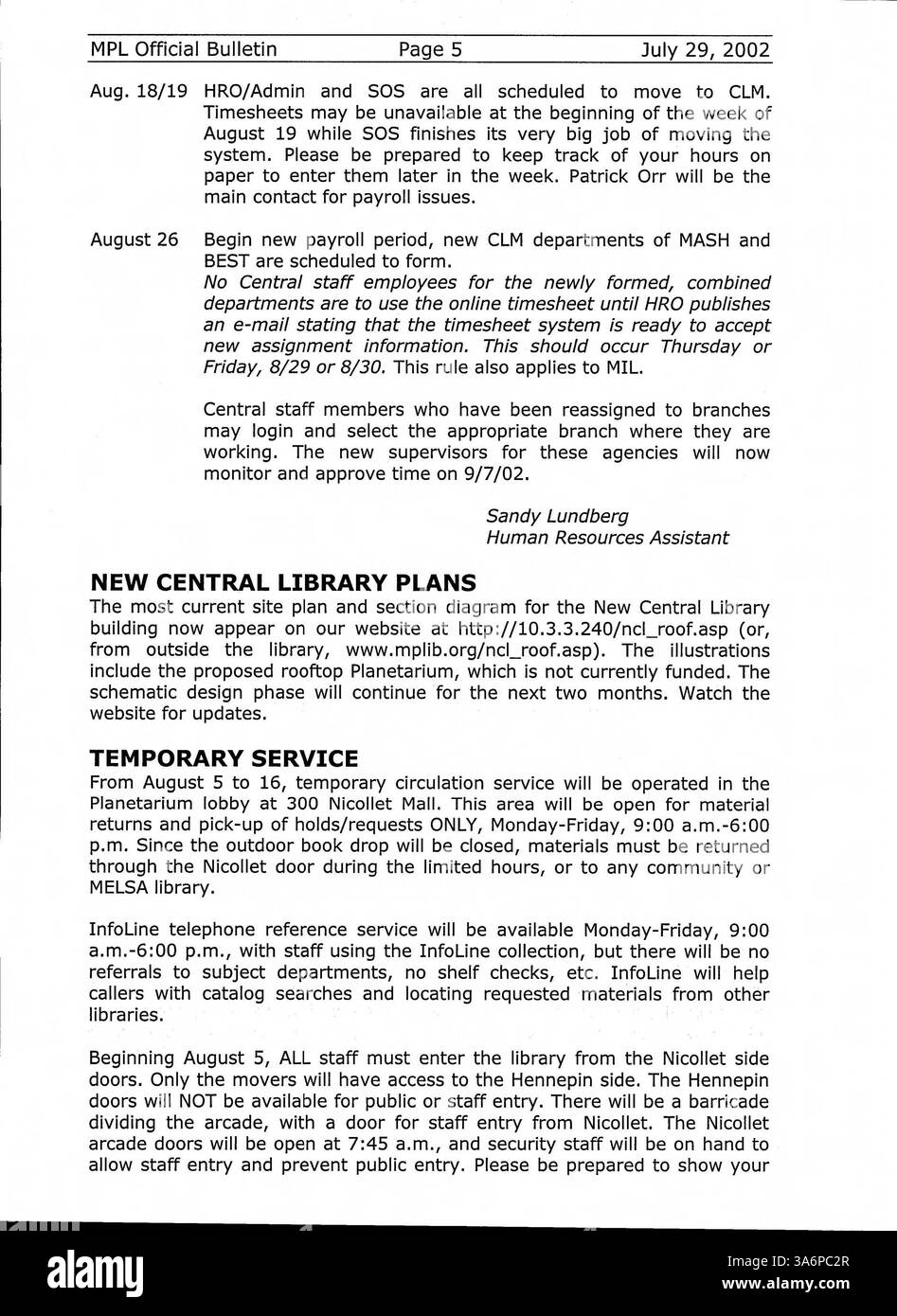 This 2002 weekly bulletin for Minneapolis Public Library employees ...