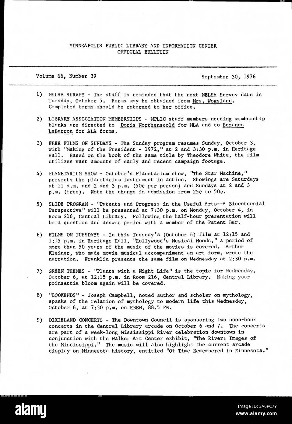 This 1976 weekly bulletin offers Minneapolis Public Library employees ...