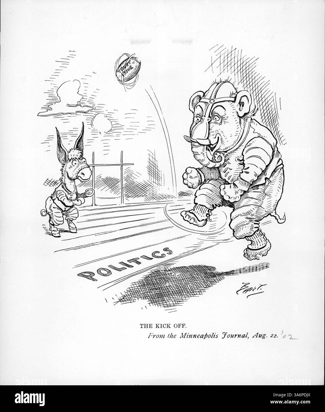 A political cartoon depicts the GOP elephant kicking the Trust Issue ...