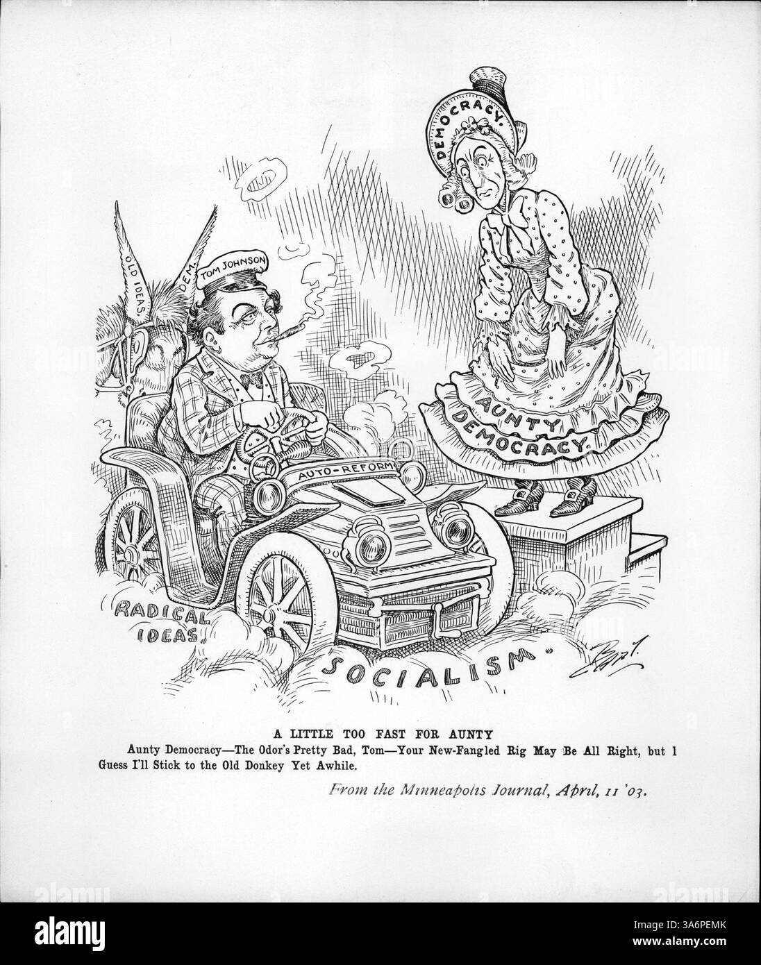 This political cartoon features Aunty Democracy rejecting Tom Johnson's ...