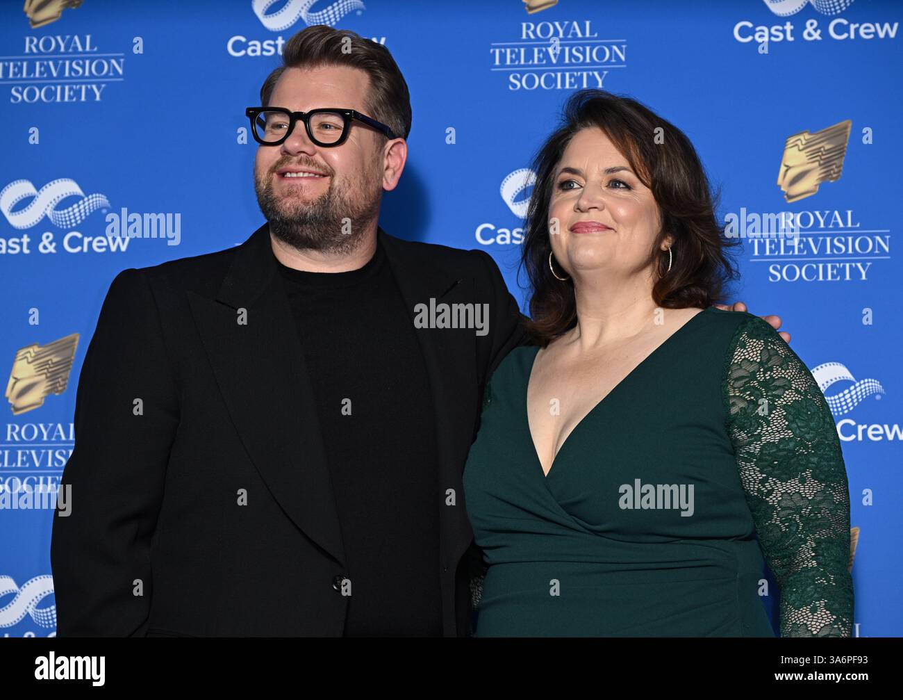 London, UK. March 25th, 2025. James Corden and Ruth Jones arriving at ...