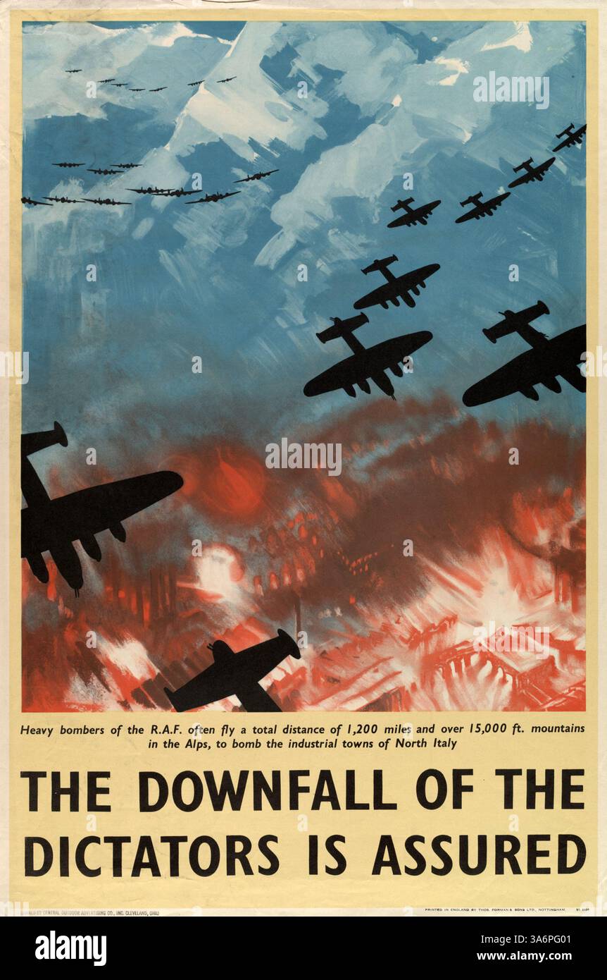 A political cartoon depicts bombers flying over a burning city ...