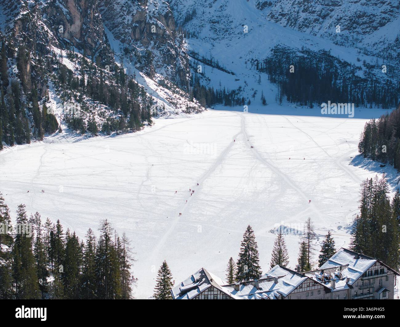 Aerial Winter View of Frozen Braies Lake in the Dolomites, Italy Stock ...