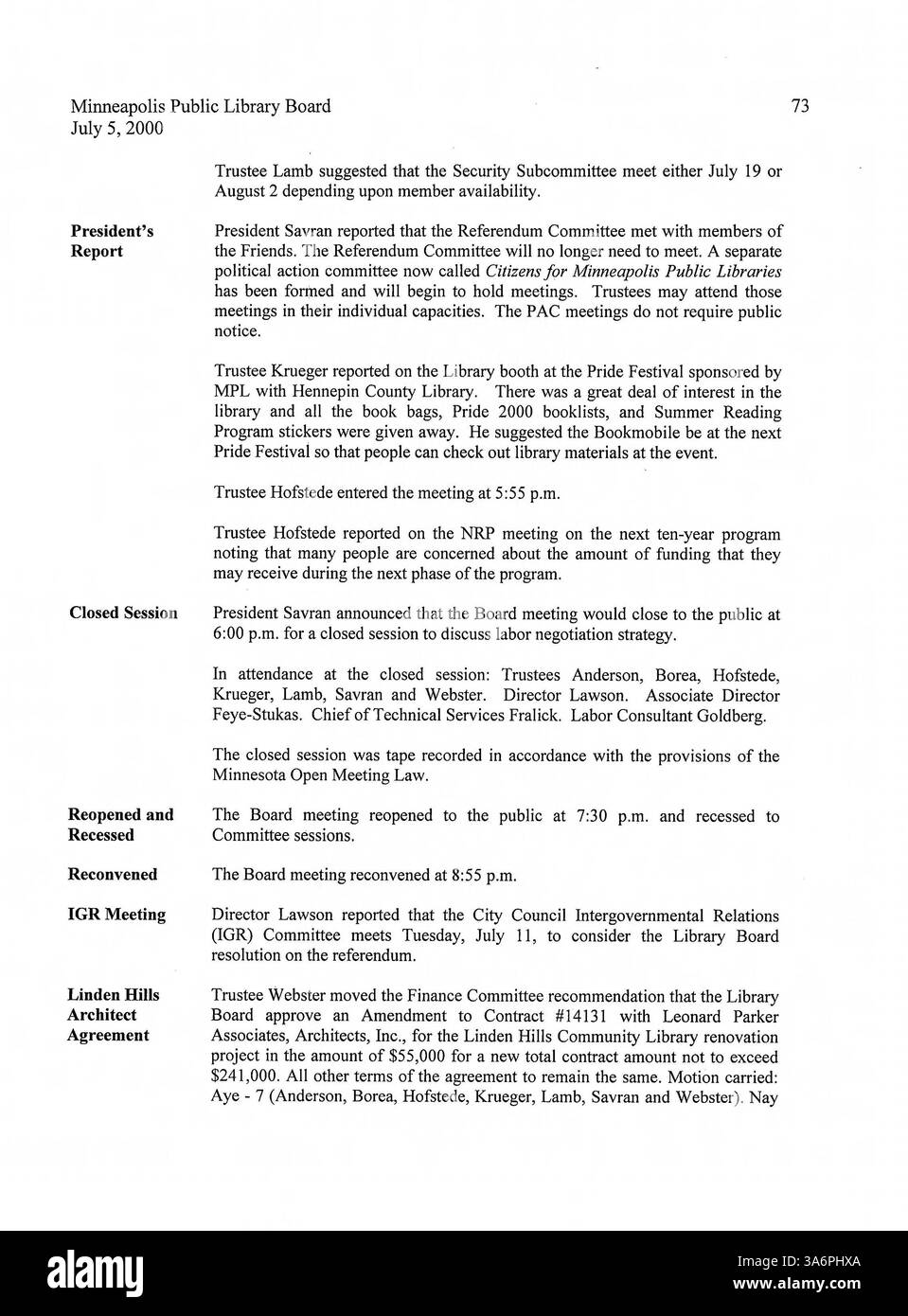 The 2000 meeting minutes for the Minneapolis Public Library Board of ...