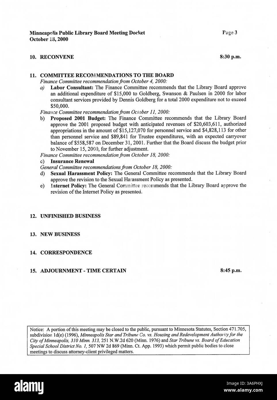 Minutes documenting the decisions and actions of the Minneapolis Public ...