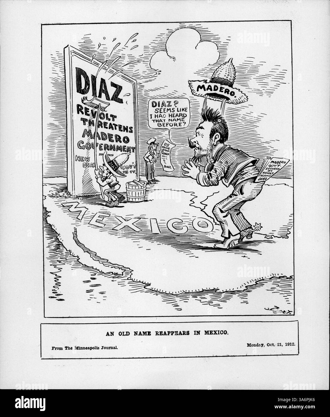 This political cartoon shows a man labeled 'Nephew Diaz' putting up a ...