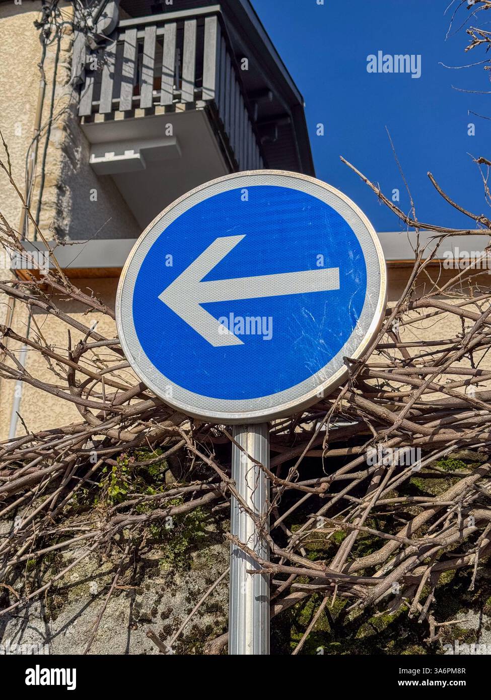 Blue Left Arrow Traffic Sign with Urban Backdrop Stock Photo - Alamy