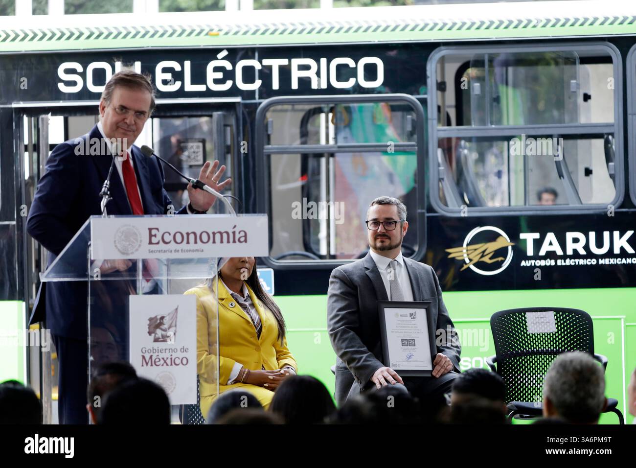 Mexico's Secretary of Economy, Marcelo Ebrard, speaking, during the ...