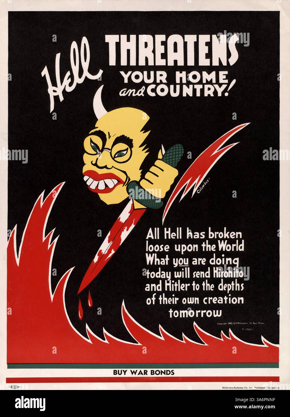 A caricature of a Japanese man with devil horns, wielding a bloody ...