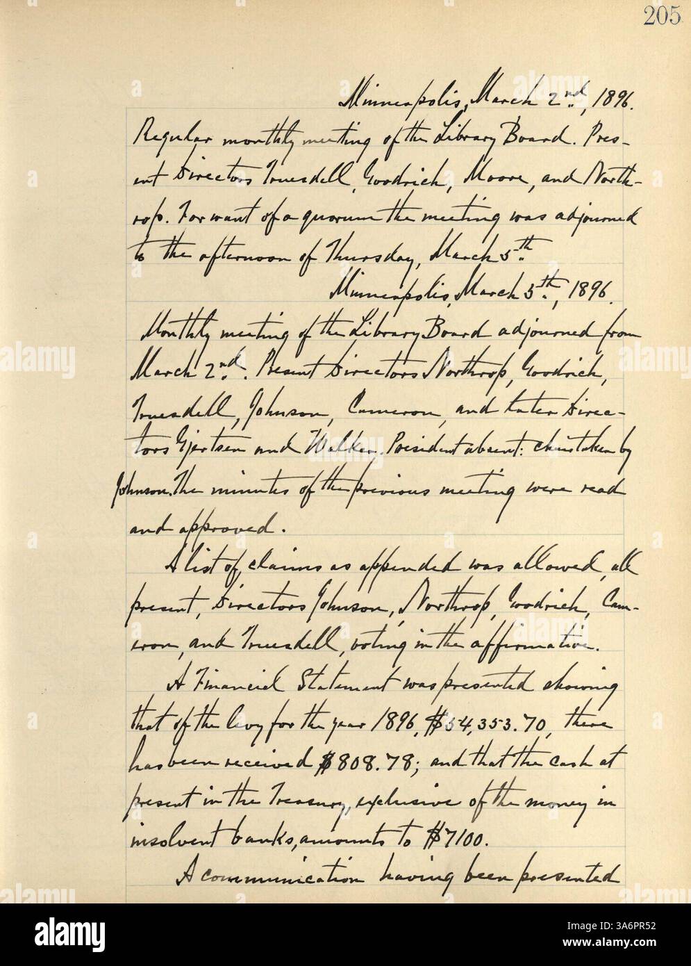 The 1896 Board of Directors meeting minutes for the Minneapolis Public ...