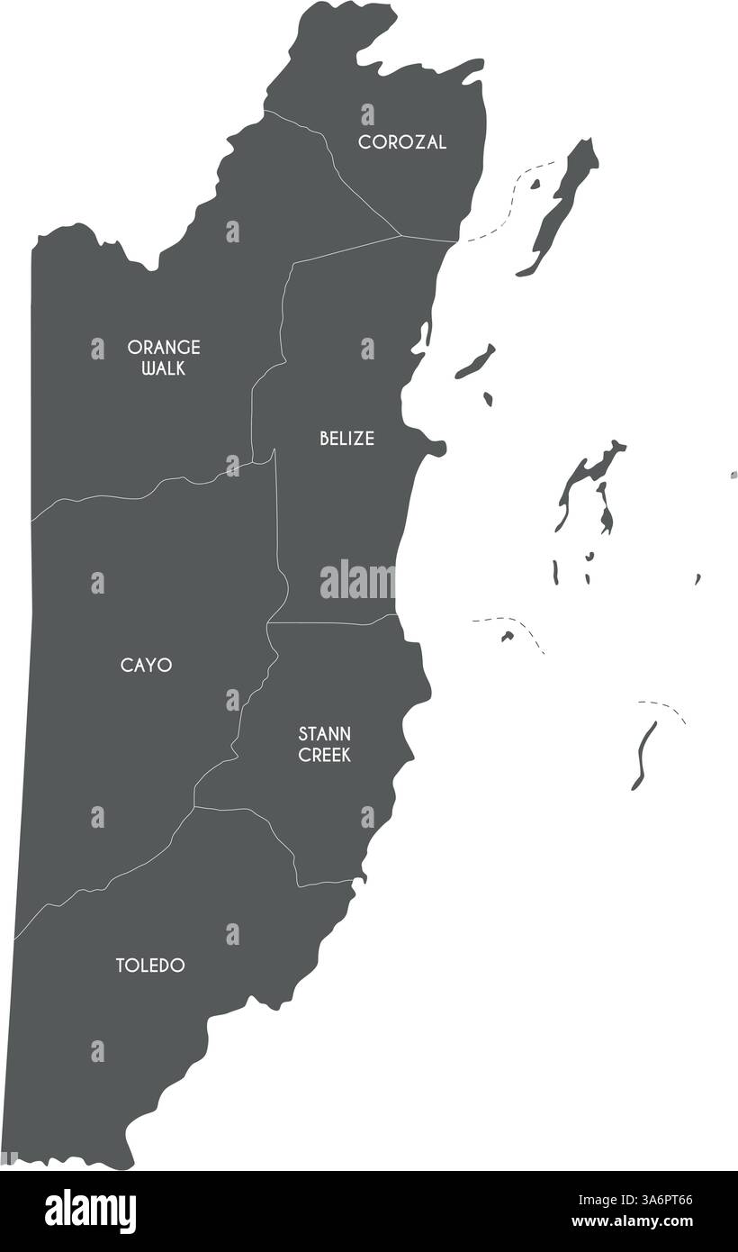 Vector regional map of Belize with districts or territories and administrative divisions ...