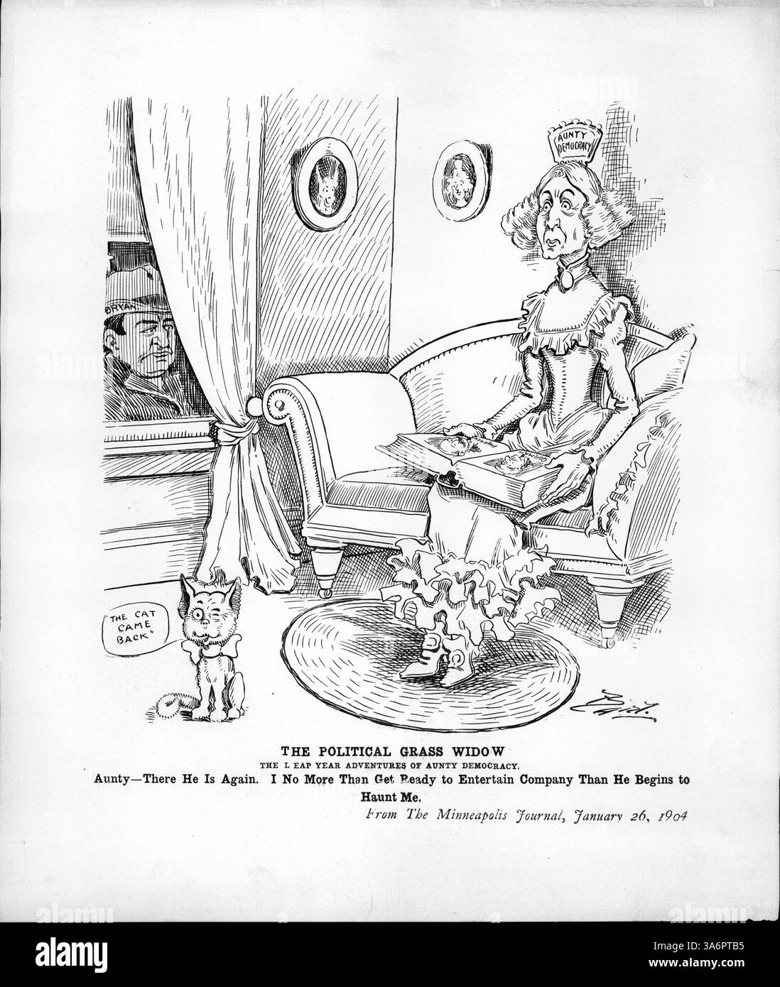 A political cartoon depicting William Jennings Bryan lurking outside ...