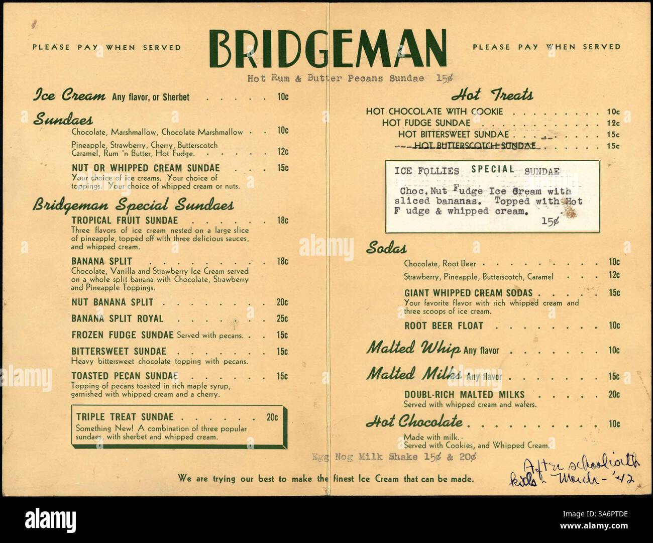 This historical menu from Bridgeman Ice Cream Stores showcases classic ...