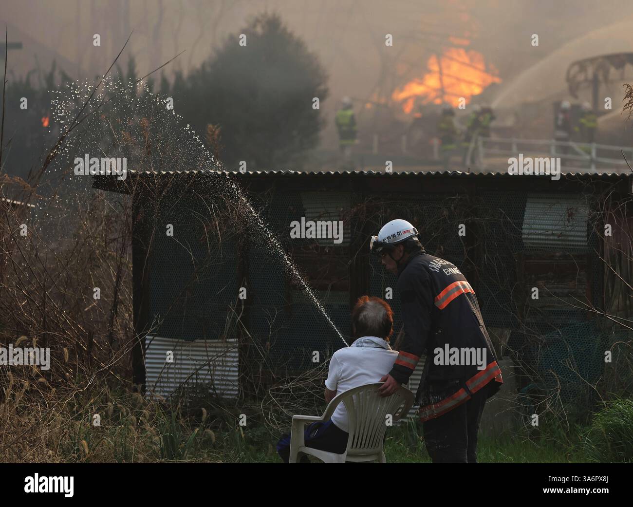A photo shows a spreading forest fire in Imabari City, Ehime Prefecture ...