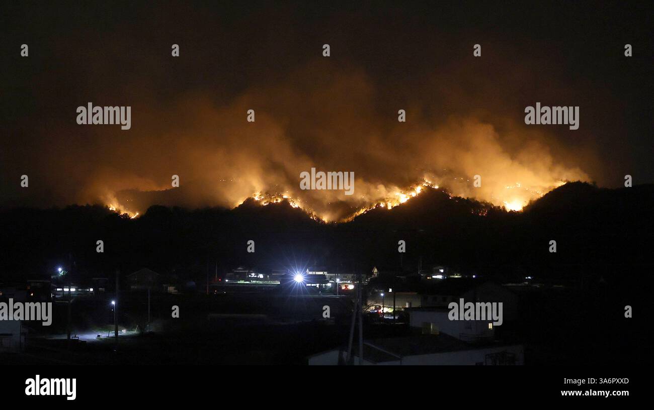 A photo shows a spreading forest fire in Imabari City, Ehime Prefecture ...