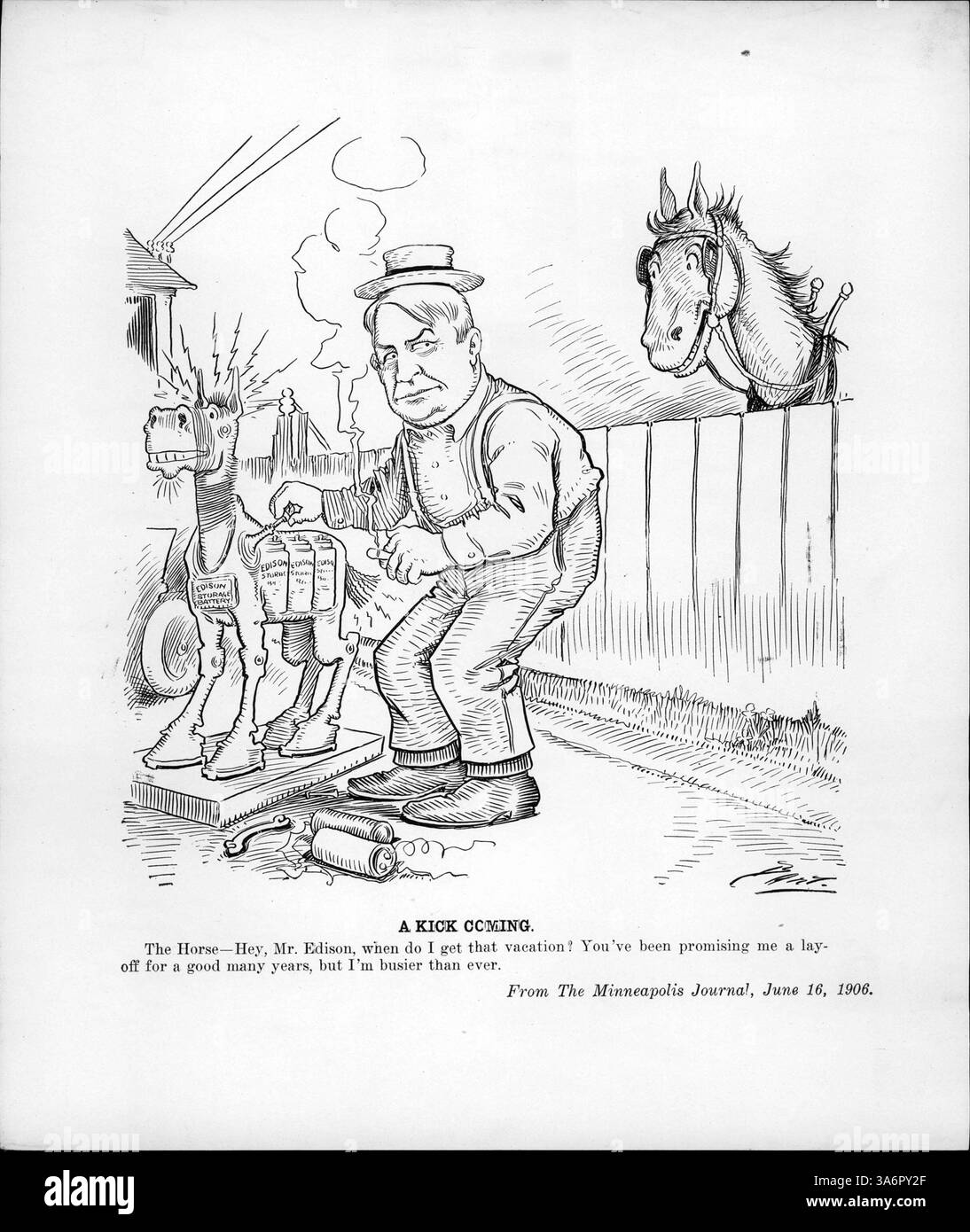 In this cartoon, Thomas Edison's horse humorously comments on the delay ...
