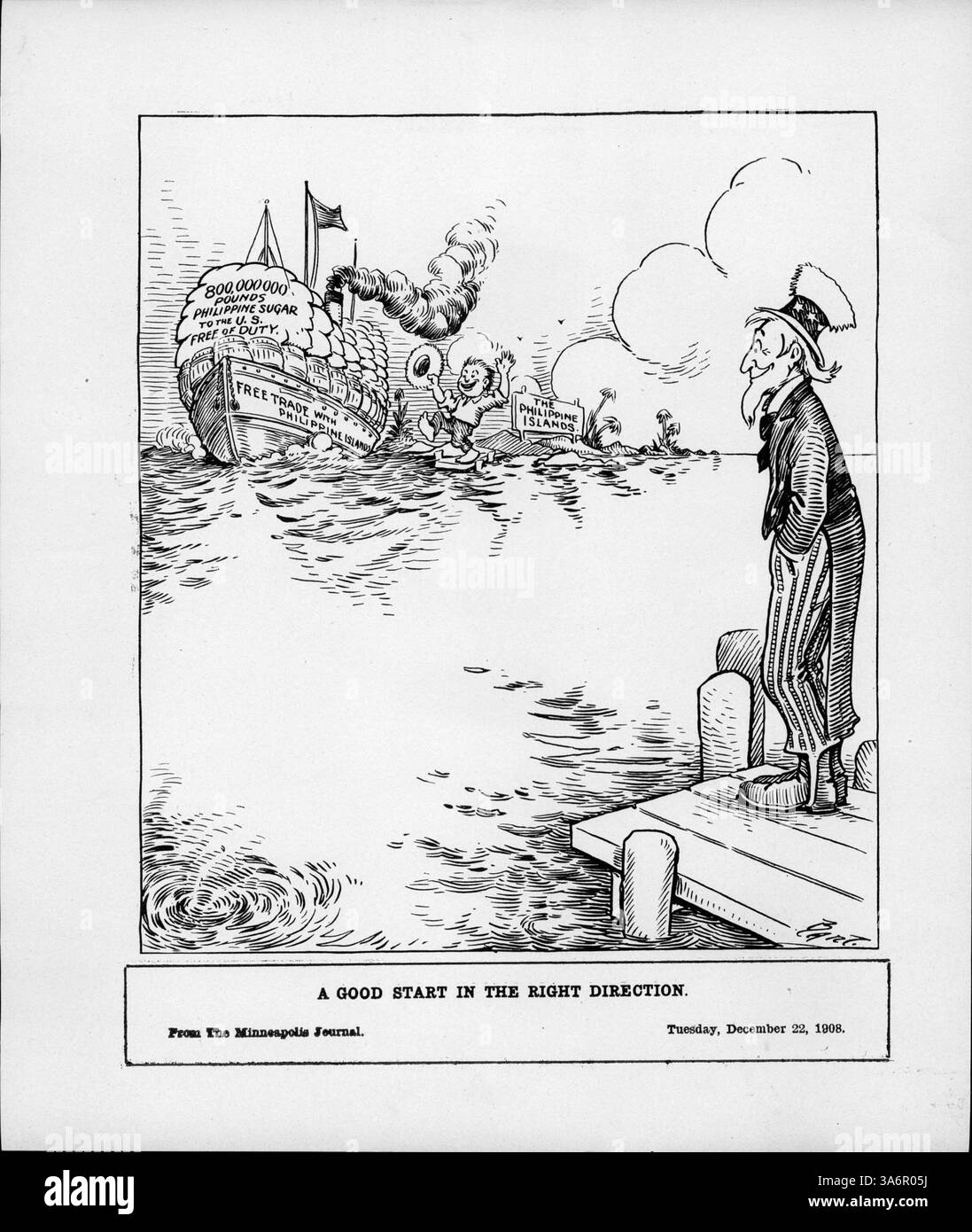 A political cartoon depicting a free trade ship arriving in the ...