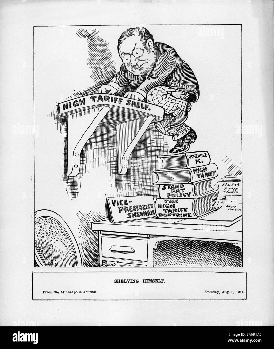 Depicts vice president sherman climbing onto a high shelf hi-res stock ...