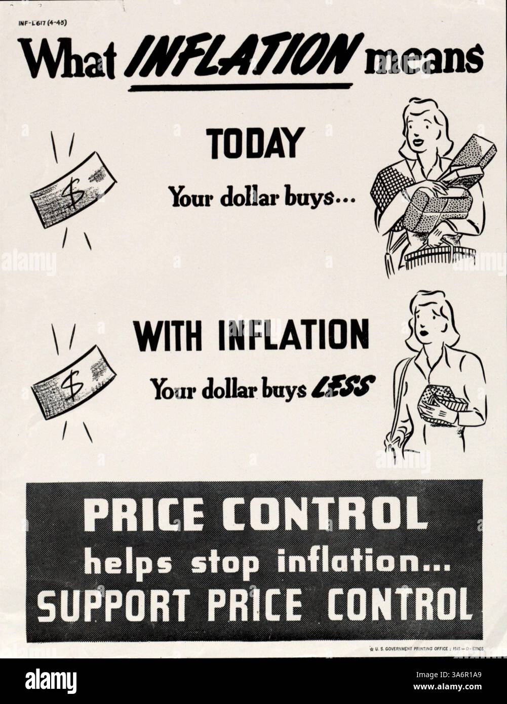 This 1945 cartoon illustrates inflations effects on purchasing power hi ...