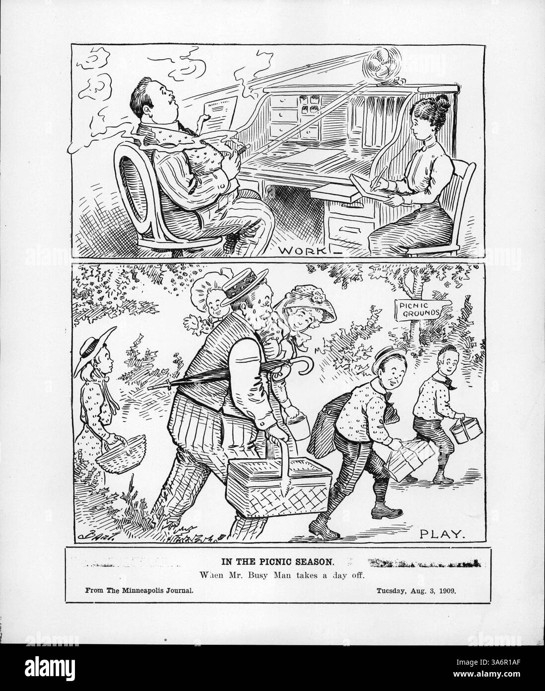 The cartoon 'In the Picnic Season' humorously depicts a man switching ...