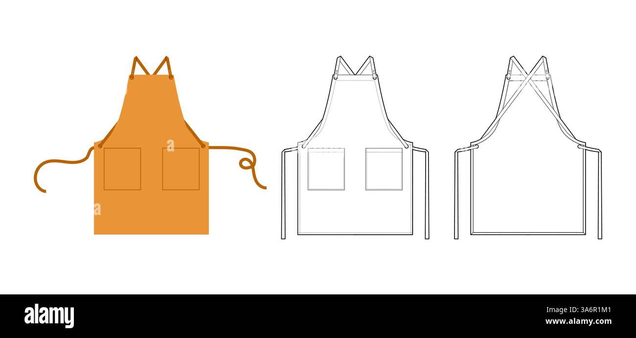Set of Aprons Cross-Back straps technical fashion illustration. Chef ...
