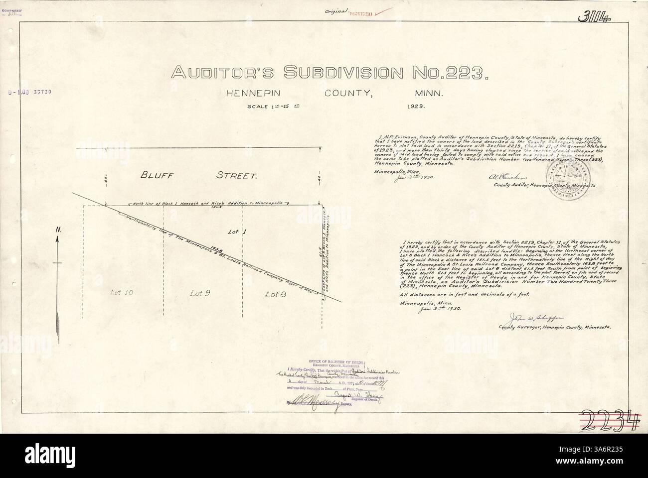 Map of Auditor’s Subdivision Number 223, drawn in 1929, detailing a ...