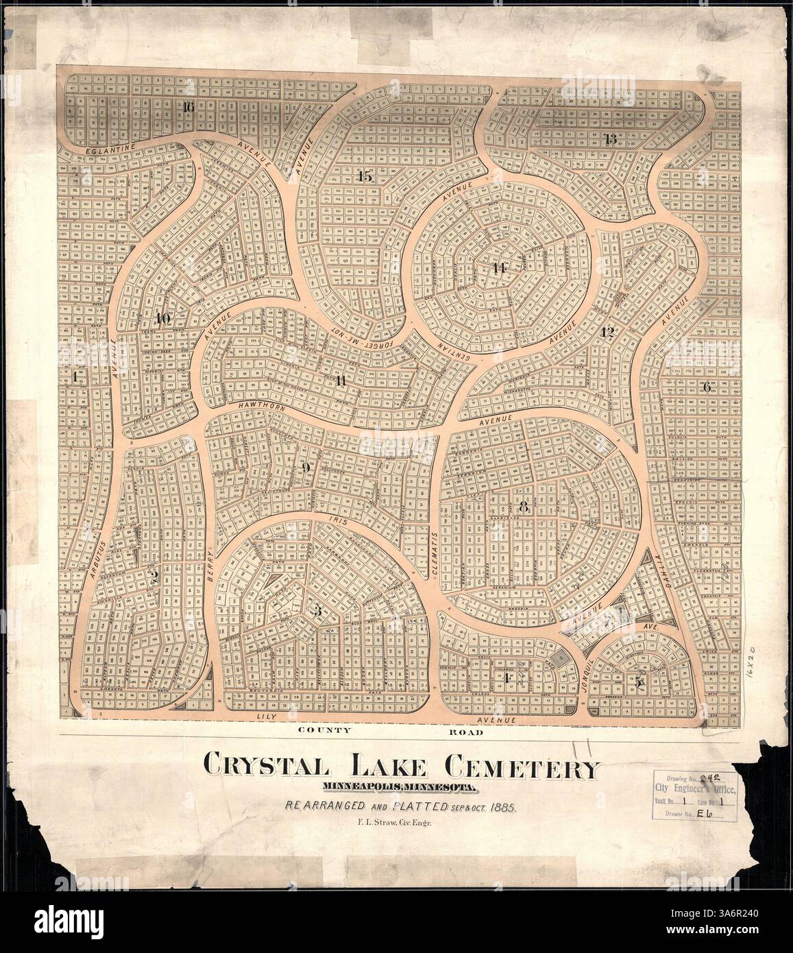 The 1885 map of Crystal Lake Cemetery in Minneapolis details the layout ...