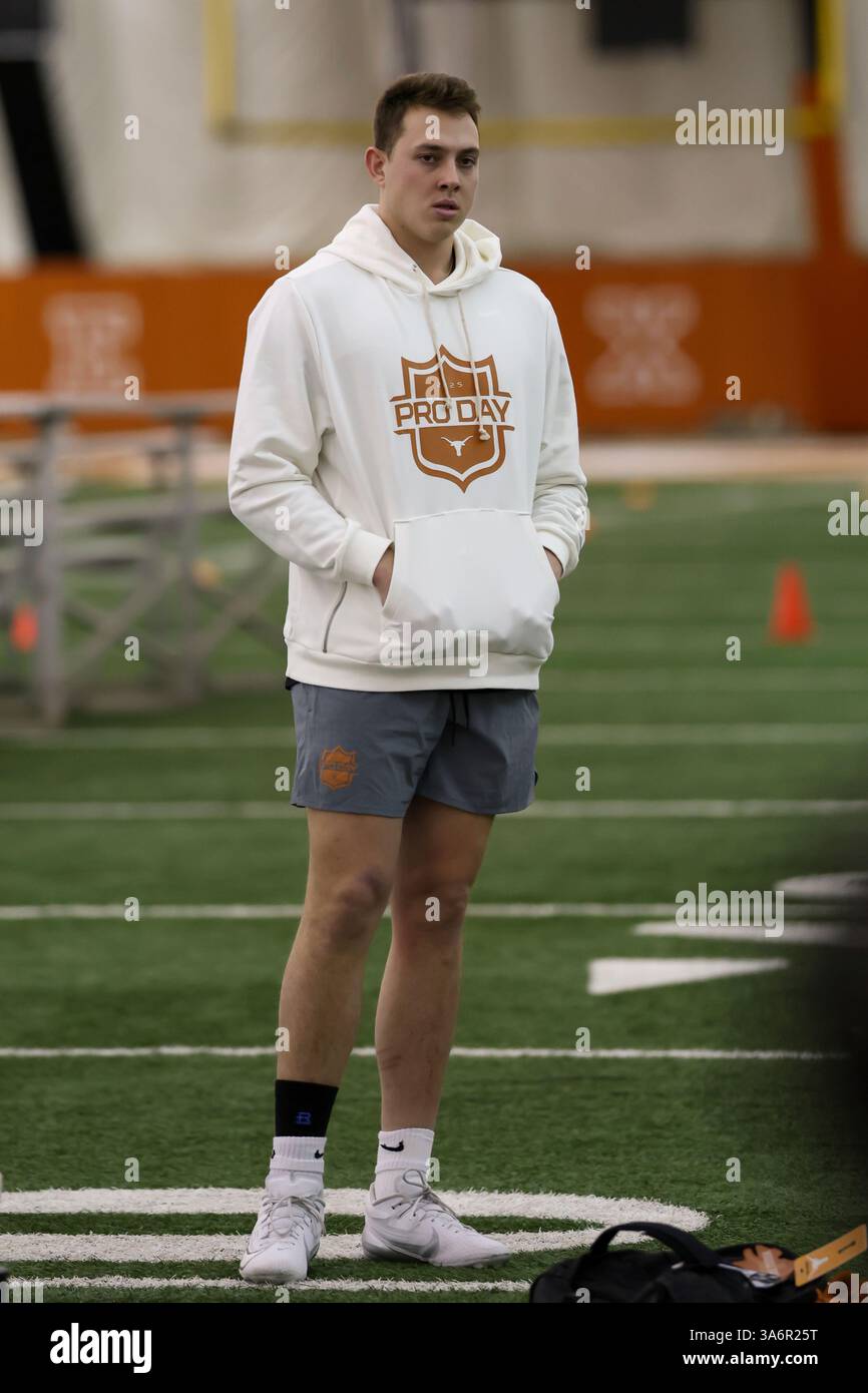 AUSTIN, TX - MARCH 25: Texas tight end Gunnar Helm stands on the field ...