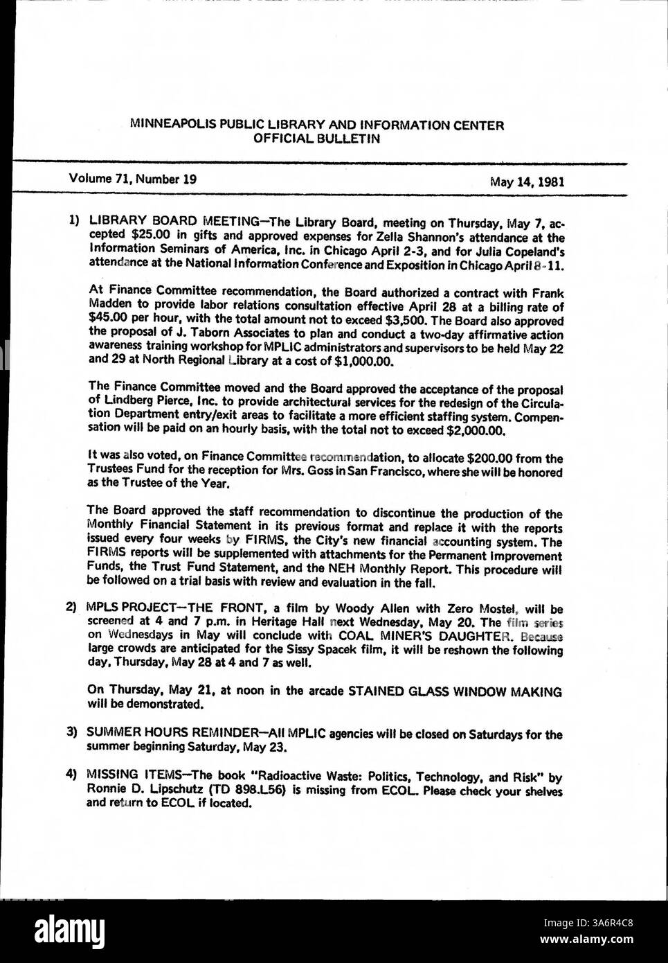 This 1981 Minneapolis Public Library Official Bulletin provides library ...