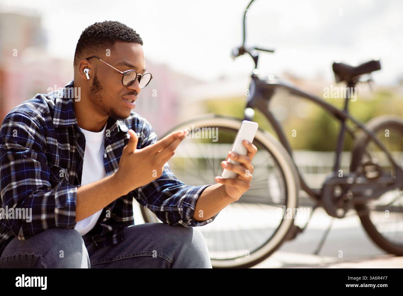 Portrait of african american guy making video conference Stock Photo ...