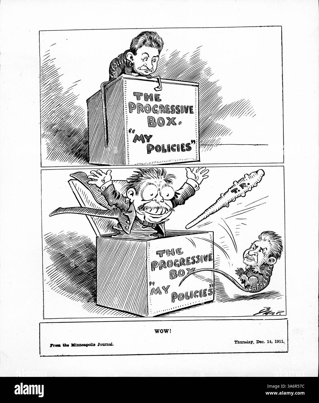 A political cartoon showing La Follette sitting on a jack-in-the-box ...