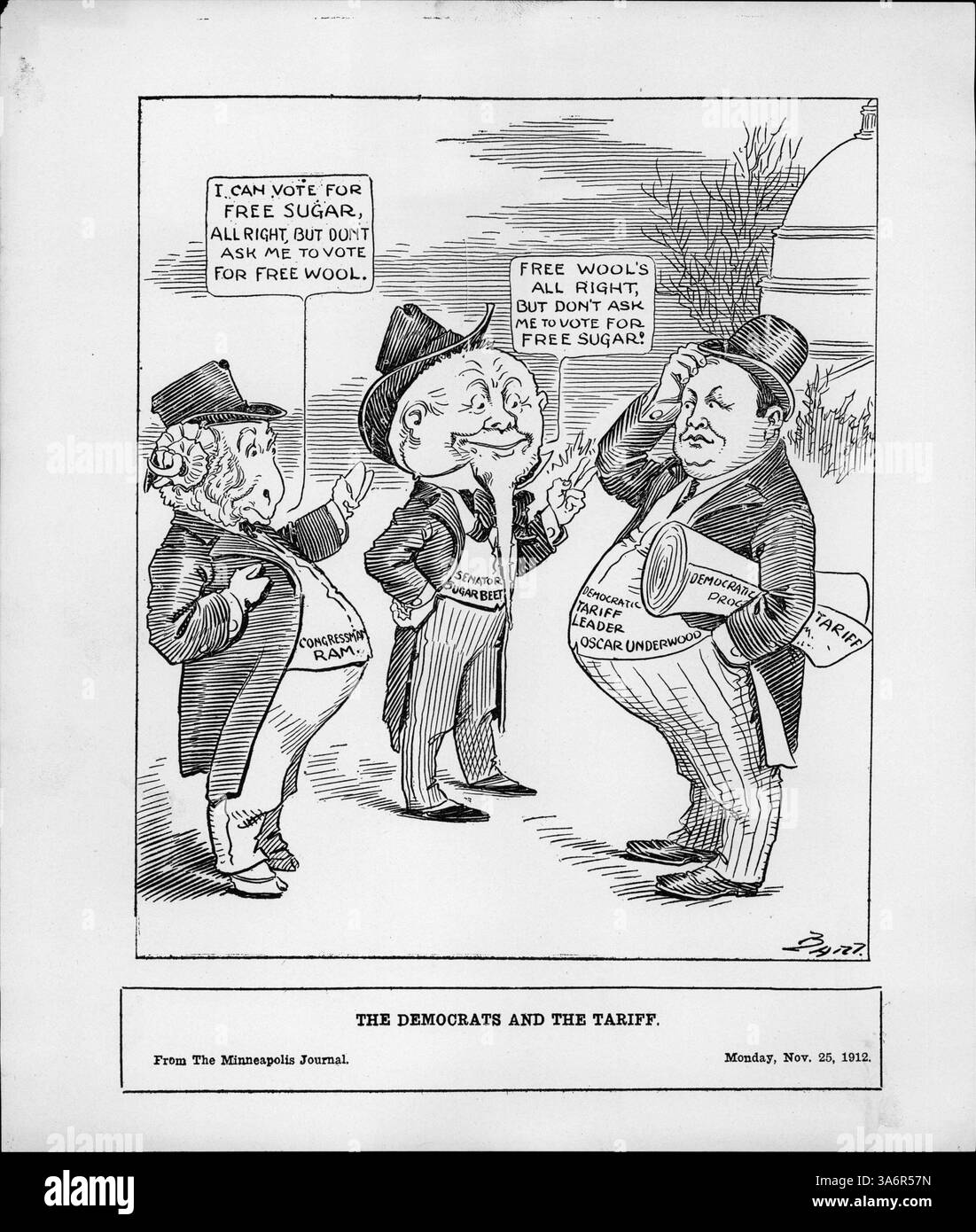 A political cartoon depicting two congressmen debating tariff issues ...