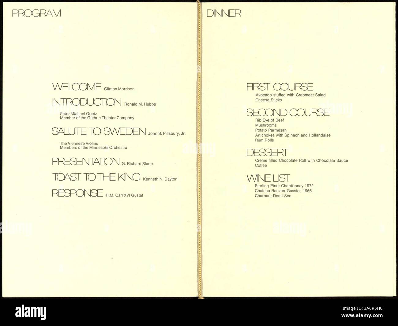 A royal dinner menu honoring King Carl XVI Gustaf of Sweden, featuring ...