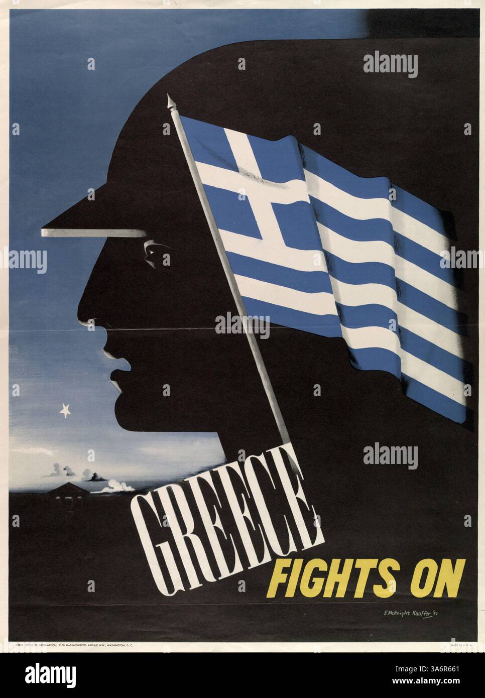 A wartime poster showing the Greek flag and a soldier with the ...