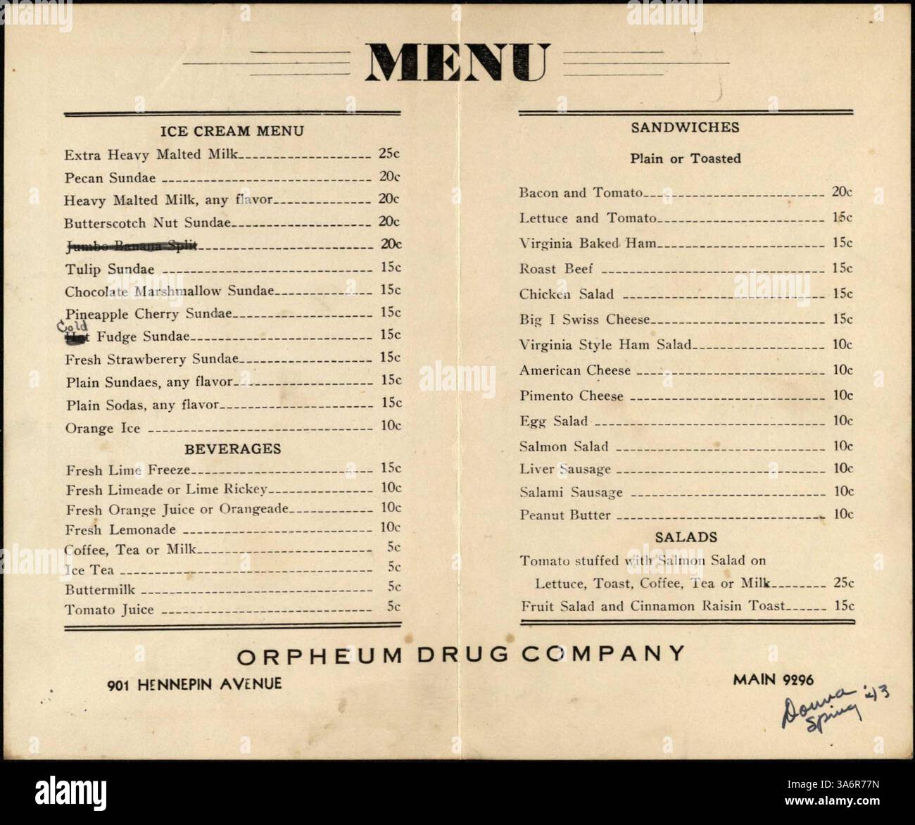 This menu from the Orpheum Drug Company features a selection of sundaes ...