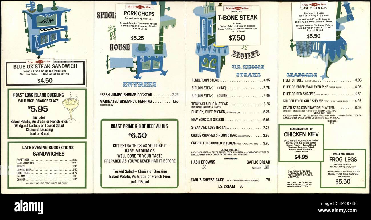 This menu from the Blue Ox Night Club features a variety of food ...