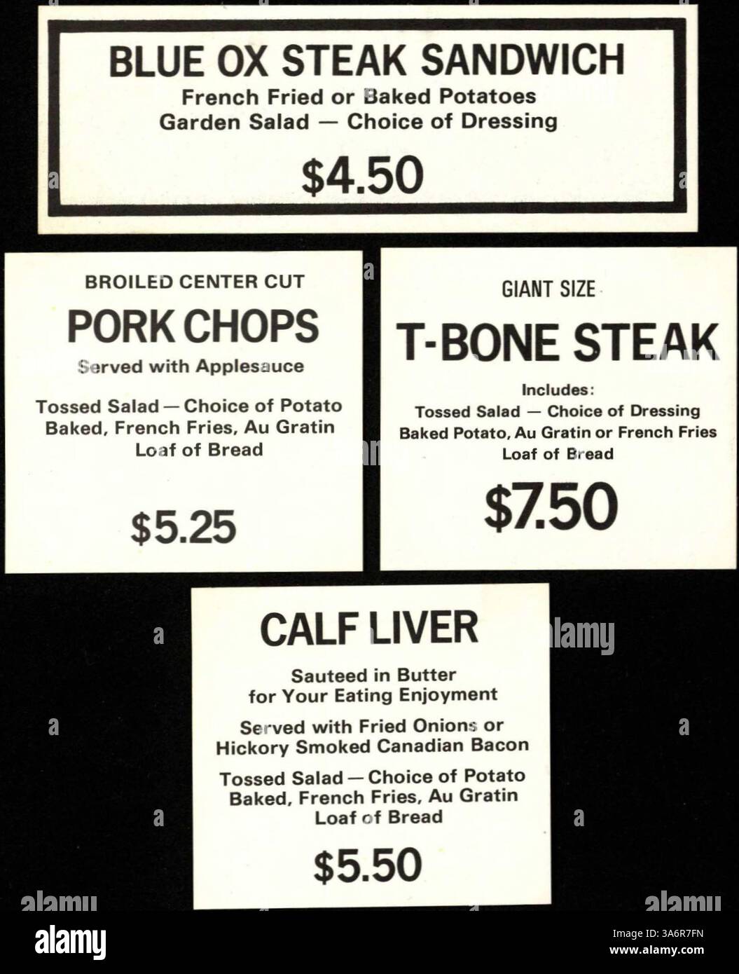 The Blue Ox Night Club Menu offers a selection of meals like steaks ...