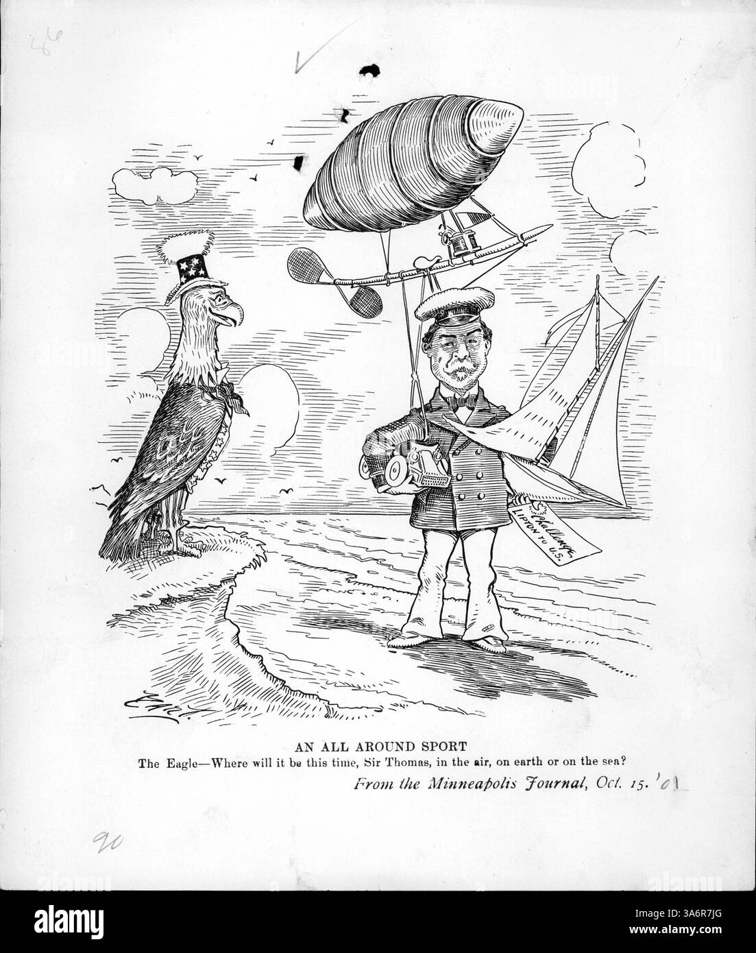 A cartoon featuring the American eagle asking Sir Thomas Lipton how he ...