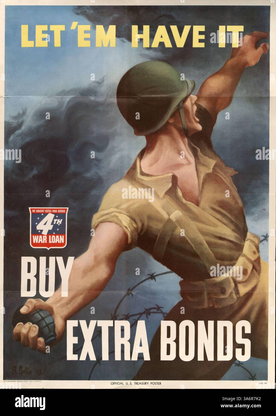 This wartime poster features an American soldier preparing to throw a ...