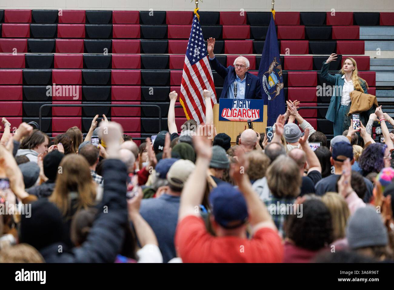 Warren, USA. 08th Mar, 2025. U.S. Sen. Bernie Sanders, I-Vt., speaks at ...
