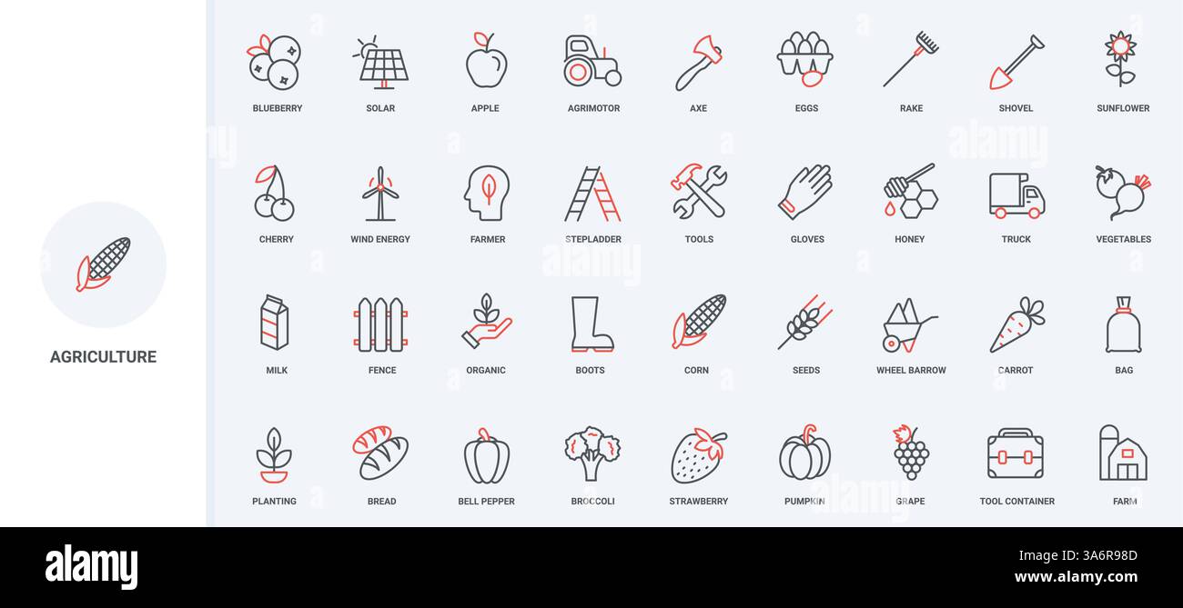 Agriculture and agronomy, farm field harvest, equipment and tools line ...